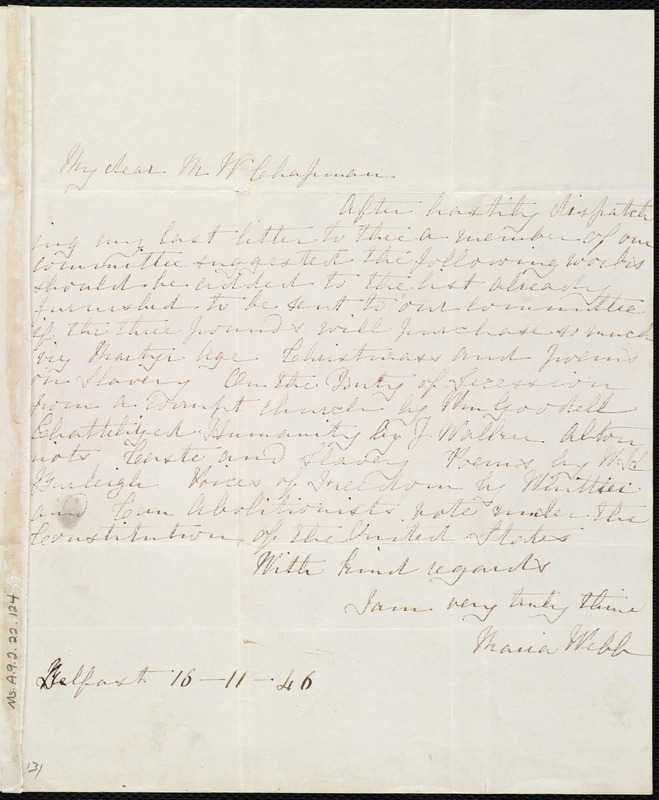 Letter from Richard Davis Webb, Belfast, [Ireland], to Maria Weston ...