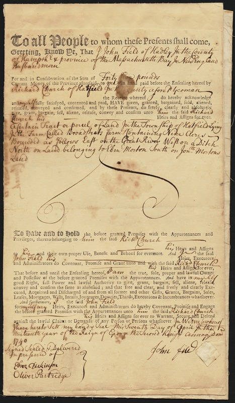 Land deed, John Field of Hadley to Richard Church, 1740 - Digital ...