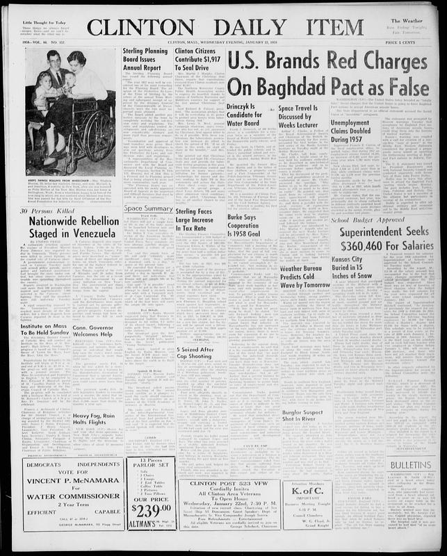 Clinton Daily Item. January 22, 1958 - Digital Commonwealth