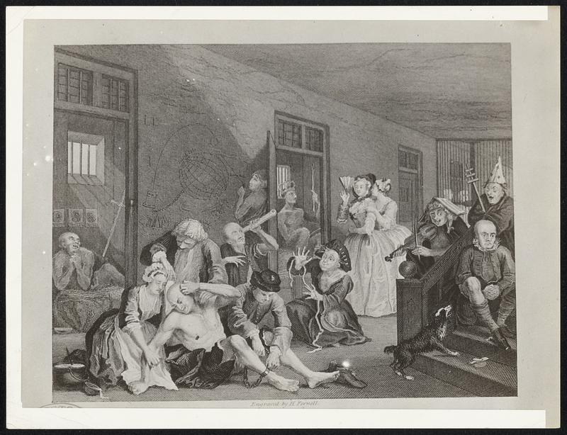 An interior of an 18th century madhouse as depicted by Hogarth, the ...