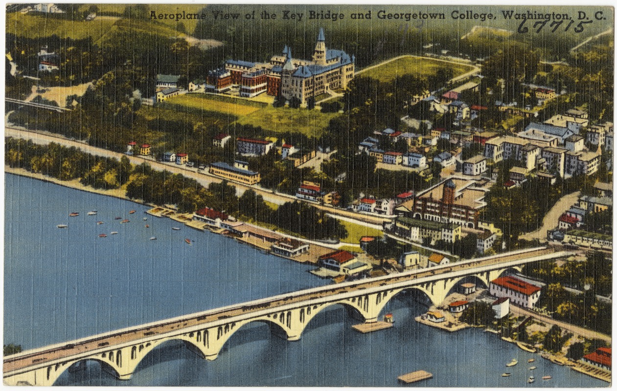 Aeroplane view of the Key Bridge and Georgetown College, Washington, D ...