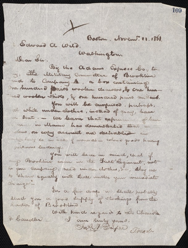 Letters to Capt. Edward Wild from James Dupre, treasurer of Brookline ...