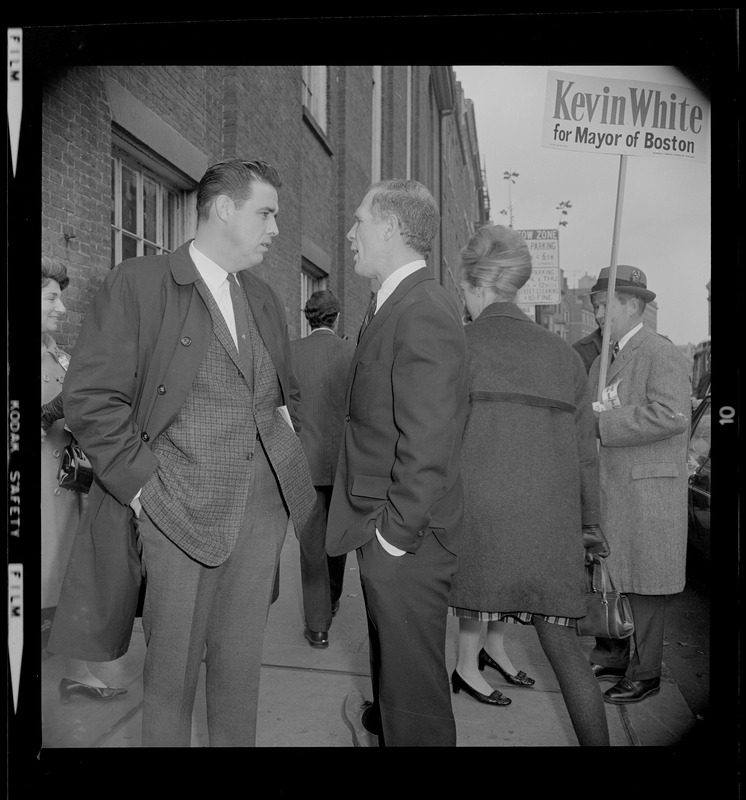 Kevin White talking with a man on the sidewalk - Digital Commonwealth