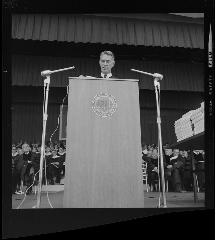 Harvard University professor Edwin O. Reischauer speaking to the crowd ...