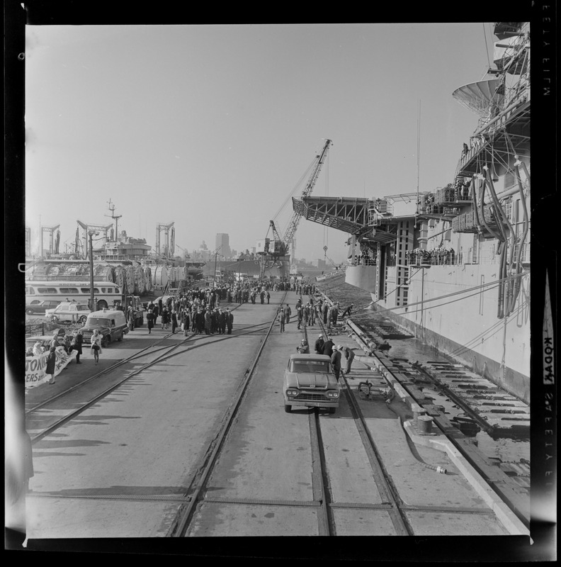 USS Wasp stationed with crew at the port - Digital Commonwealth