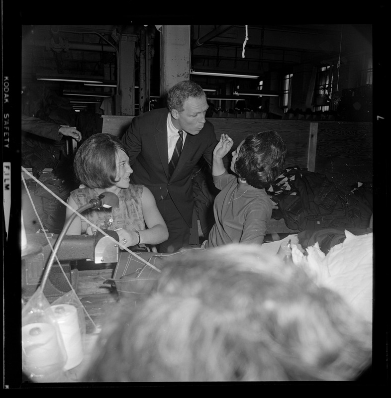 Kevin White, candidate for Mayor of Boston is shown talking politics to ...