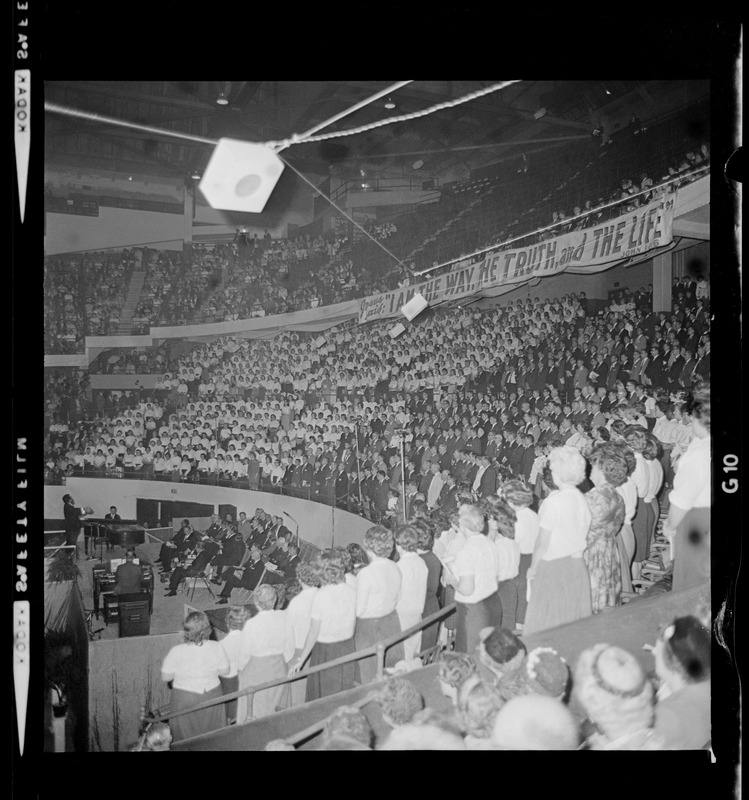 Crowd at Boston Garden listening to Dr. Billy Graham on his "Crusade ...