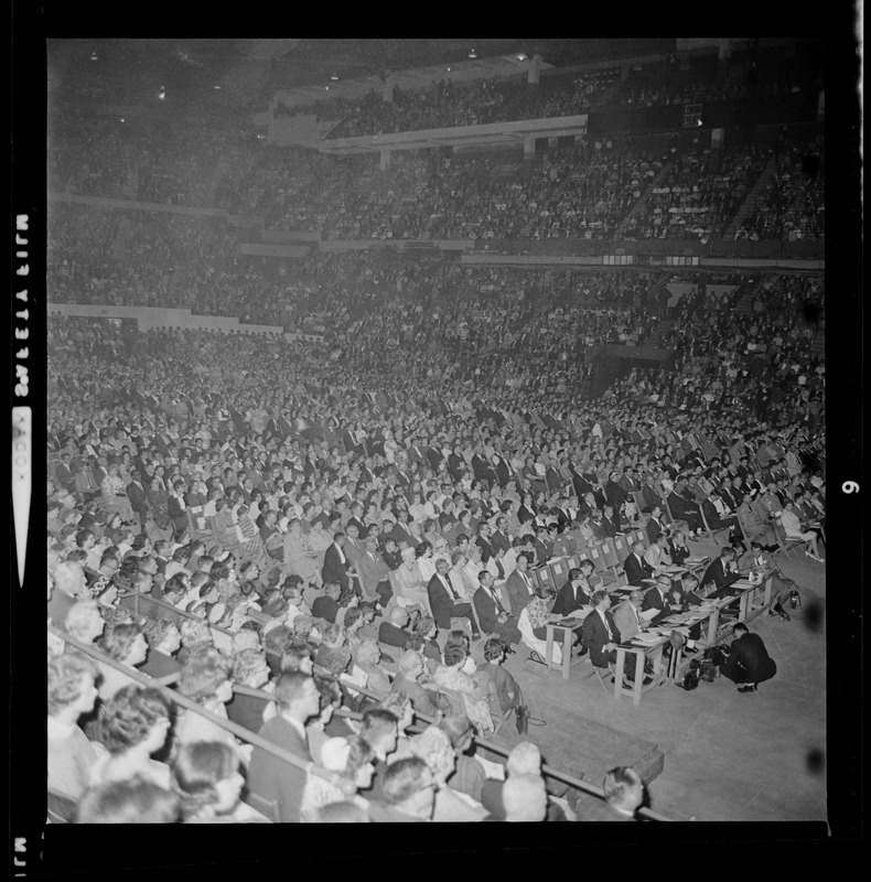 Crowd at Boston Garden listening to Dr. Billy Graham on his "Crusade ...