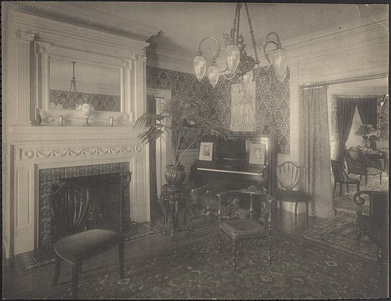 Unidentified interior, parlor with fireplace and piano - Digital ...