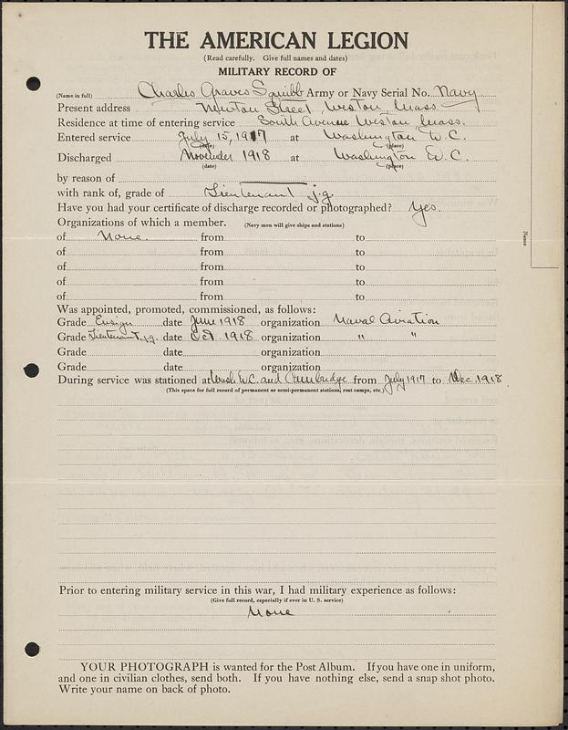 American Legion military record of Charles Graves Squibb - Digital ...