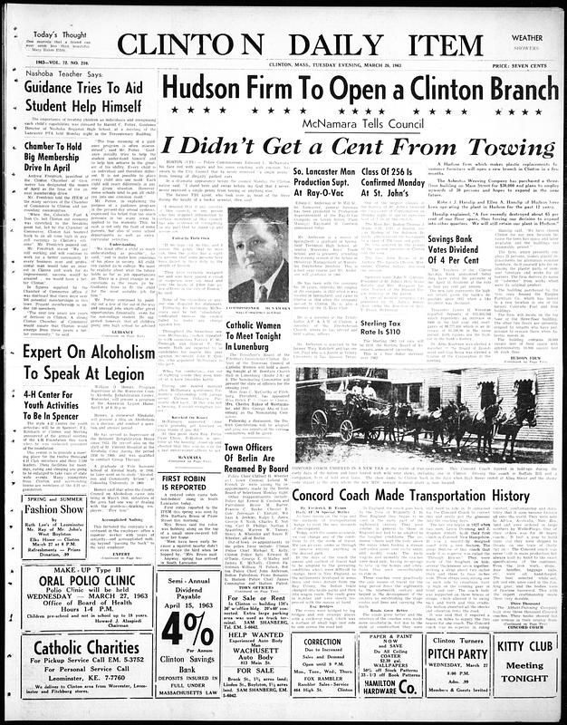 Clinton Daily Item. March 26, 1963 - Digital Commonwealth
