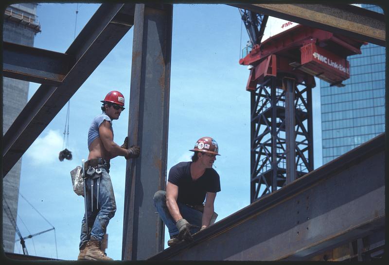 Ironworkers on beams, Copley Place construction - Digital Commonwealth