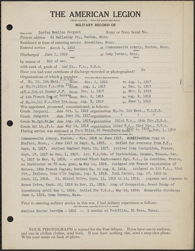 American Legion military record of Lucius Manlius Sargent - Digital ...