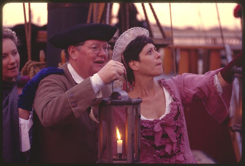 People in historical costume aboard the Tea Party ship Beaver II ...