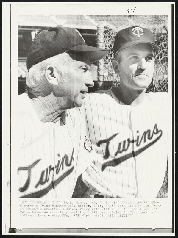 Looking for a Playoff Win -- Minnesota Twins Manager Bill Rigney, left ...