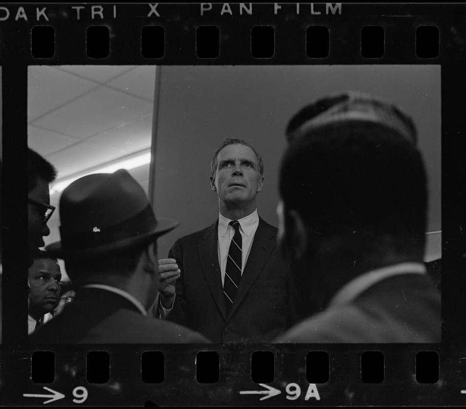 Mayor Kevin White speaking inside Boston Redevelopment Authority office ...