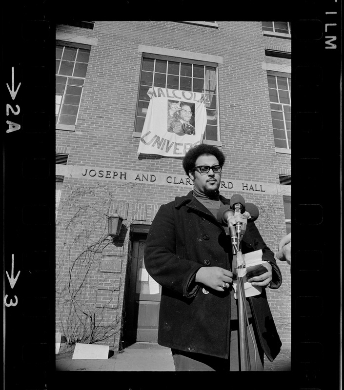 Randall Bailey outside of Ford Hall talking to press during Brandeis ...