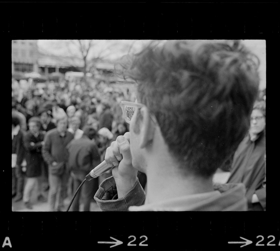 View from behind speaker's head at rally in support of SDS members at ...