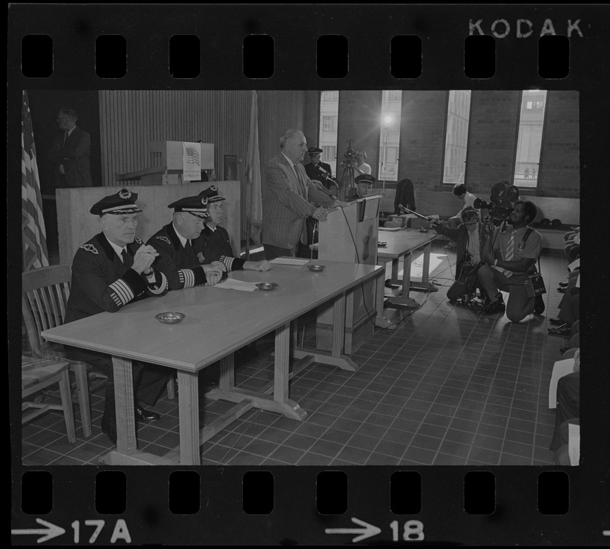 Police commissioner Edmund McNamara at podium speaking during ceremony ...