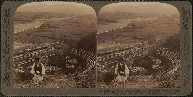 Ruins of the theatre, largest in Greece, and the Thersilion to left, N ...