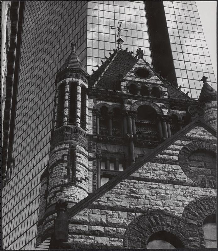 Detail of Trinity Church tower with Hancock Tower in view, Boston ...