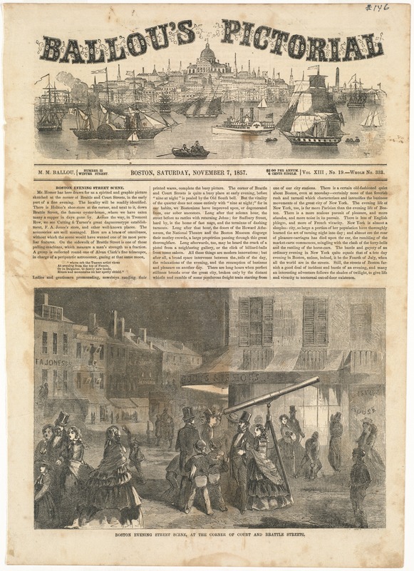 Boston evening street scene, at the corner of Court and Brattle Streets ...