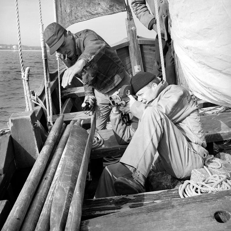 Crew filming the vessel Shallop II in Cape Cod Bay and around the ...