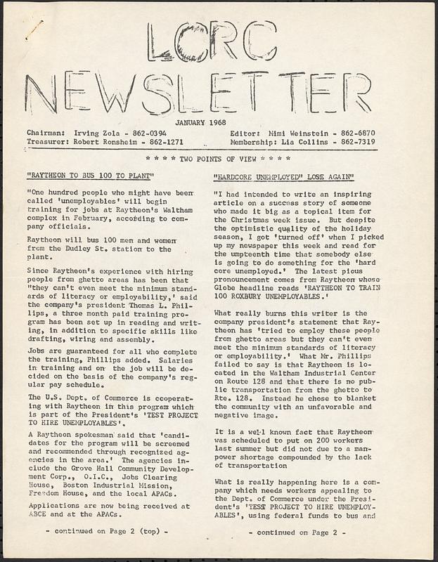LCRC January 1968 Newsletter - Digital Commonwealth