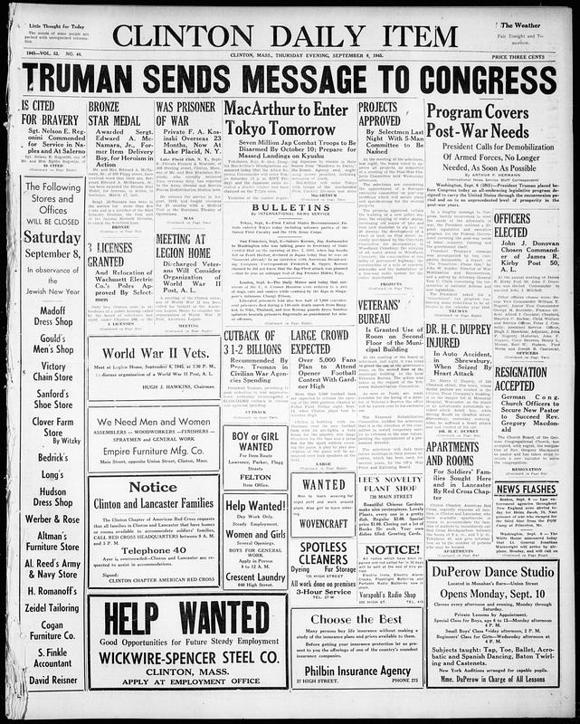 Clinton Daily Item. September 06, 1945 - Digital Commonwealth