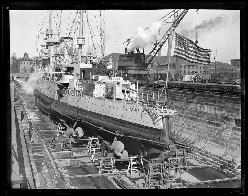 Navy Yard dry dock showing USS Milwaukee - Digital Commonwealth