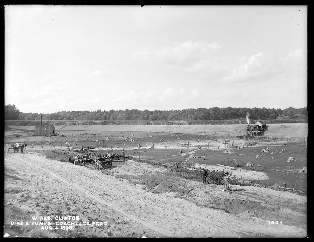 Wachusett Reservoir, small dike and pumps in Coachlace Pond, from the ...