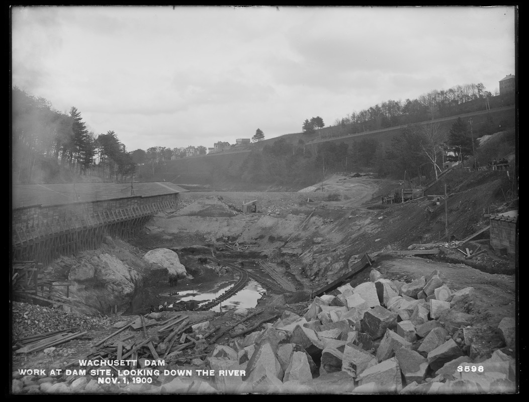 Wachusett Dam, work at dam site, looking down the river, Clinton, Mass ...