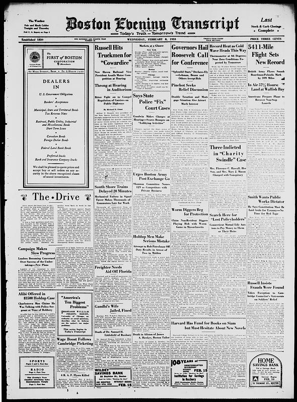 Boston Evening Transcript. February 08, 1933 - Digital Commonwealth