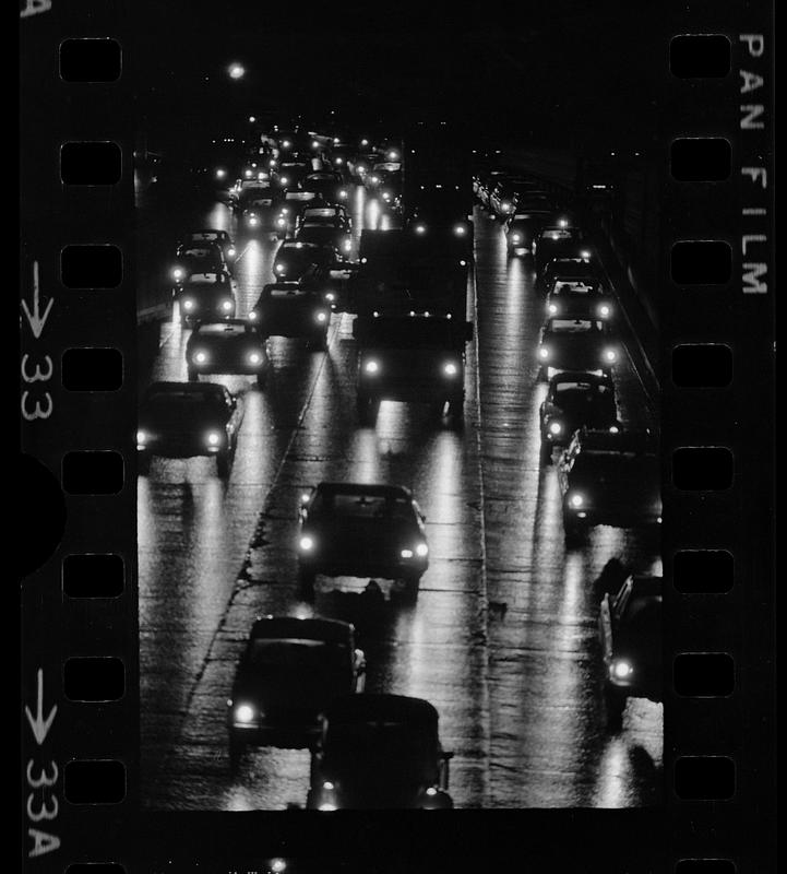 Night traffic southbound on Central Artery near South Station, downtown ...