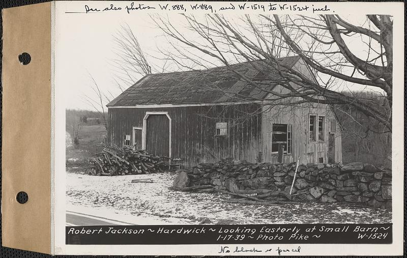 Robert Jackson, looking easterly at small barn, Hardwick, Mass., Jan ...