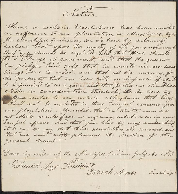 Mashpee Revolt, 1833-1834 - Notice from Daniel Amos and Isreal Amos ...