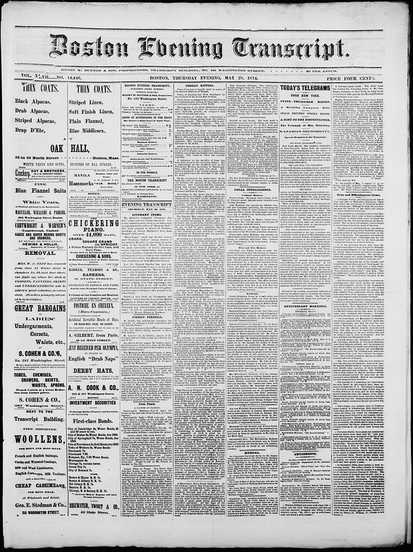 Boston Evening Transcript. May 28, 1874 - Digital Commonwealth