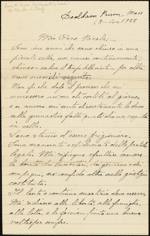 Nicola Sacco manuscript letter (in B. Vanzetti's hand) to Nicola (in ...