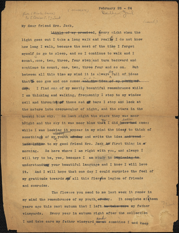Nicola Sacco typed letter (copy) to Mrs. [Cerise] Jack, [Dedham], 26 ...