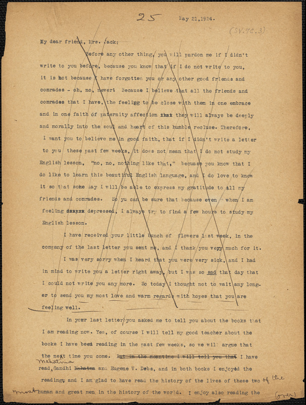 Nicola Sacco typed letter (copy) to Mrs. [Cerise] Jack, [Dedham], 21 ...