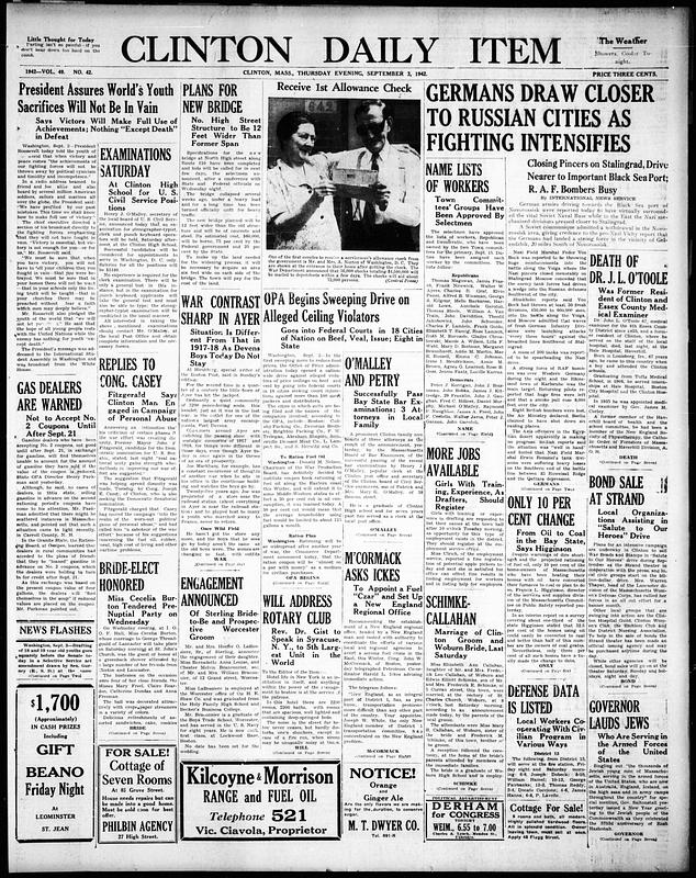 Clinton Daily Item. September 03, 1942 - Digital Commonwealth