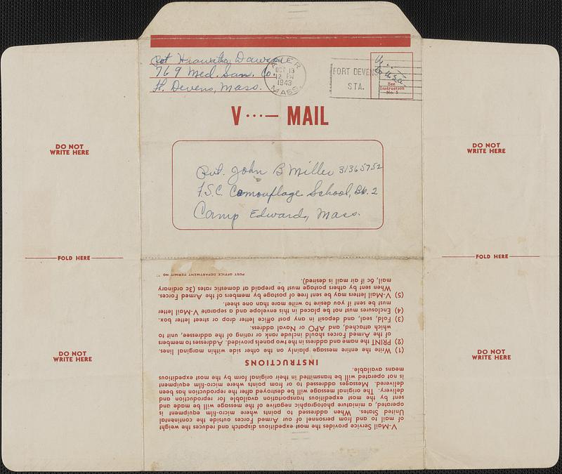 V-mail from Hiawatha E. Dawson, Fort Devens, Mass., to Jack Miller ...
