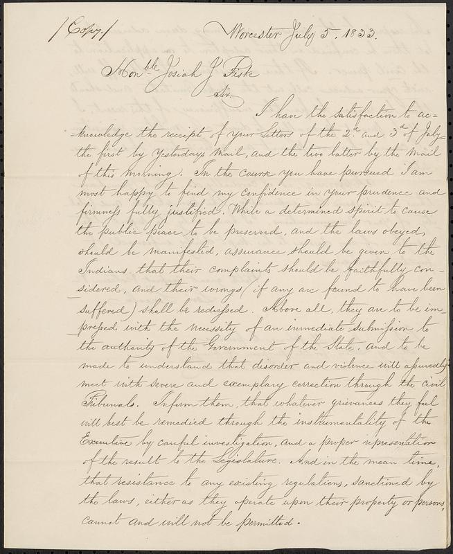 Mashpee Revolt, 1833-1834 - Letter from Gov. Levi Lincoln to Phineas ...