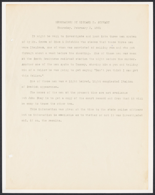 Sacco-Vanzetti Case Records, 1920-1928. Prosecution Papers. Memos by M ...