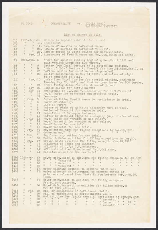 Sacco-Vanzetti Case Records, 1920-1928. Prosecution Papers. List of ...