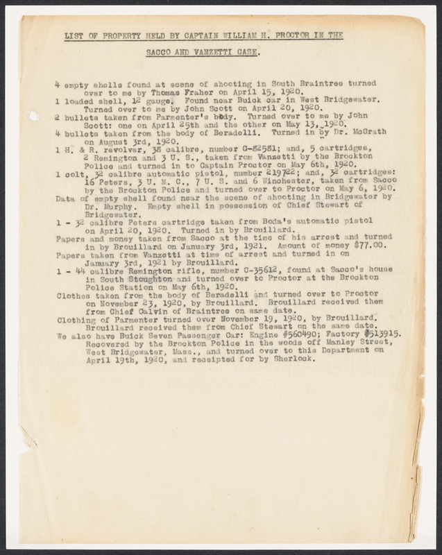 Sacco-Vanzetti Case Records, 1920-1928. Prosecution Papers. List of ...