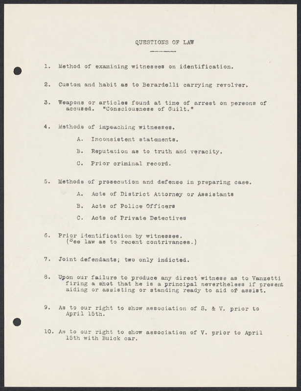 Sacco-Vanzetti Case Records, 1920-1928. Prosecution Papers. Outline ...