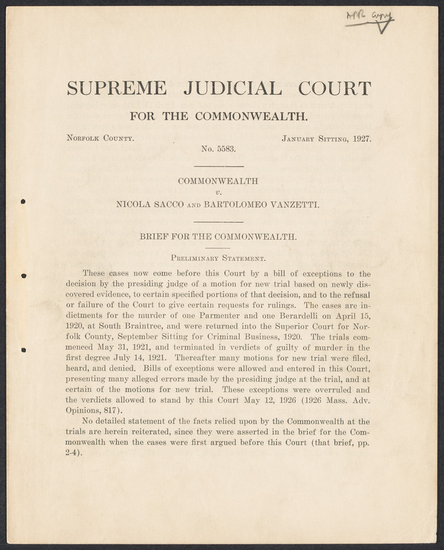 Sacco-Vanzetti Case Records, 1920-1928. Prosecution Papers. Printed ...