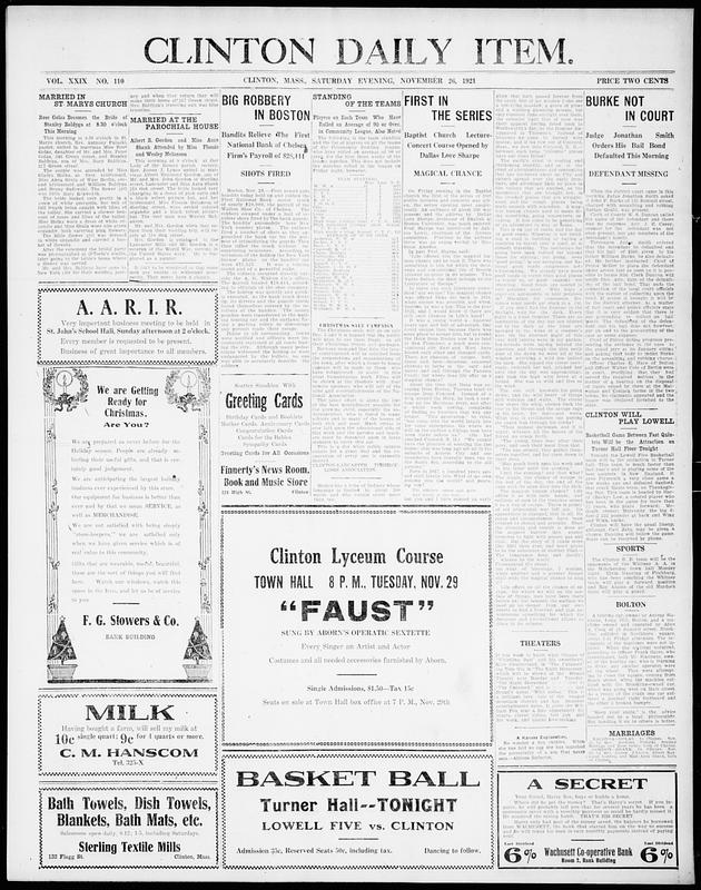 Clinton Daily Item. November 26, 1921 - Digital Commonwealth
