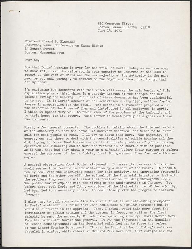 Bunte, Doris (Fired from Boston Housing Authority); Culbert, Derek ...
